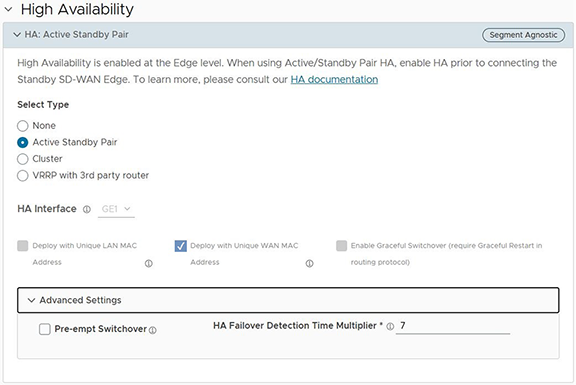 VeloCloud SD-WAN 6.4 - Administration Guide - Configure High Availability on an Edge - Arista